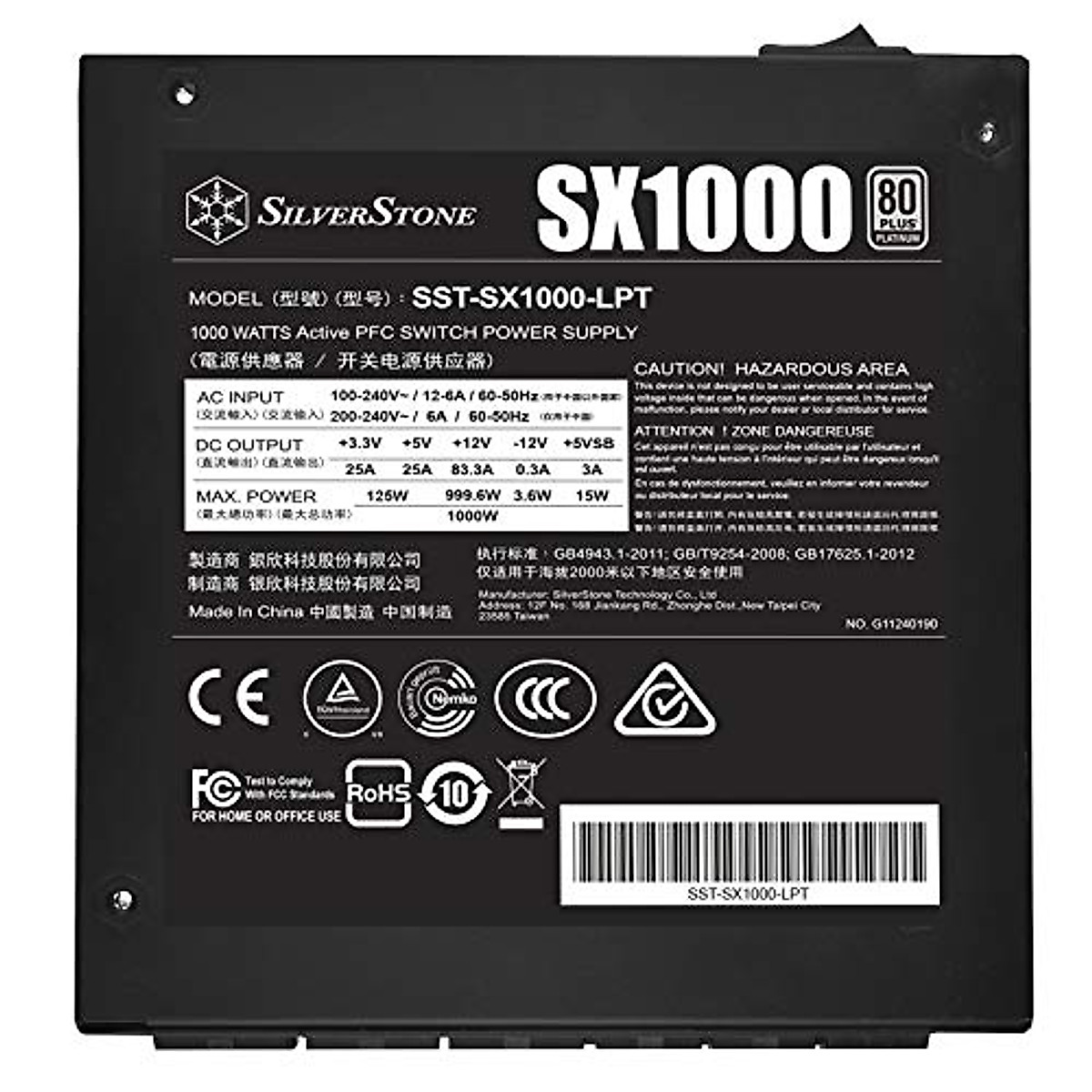 Silverstone SX1000 Platinum, 80PLUS Platinum 1000W Fully Modular SFX-L Power Supply, SX1000-LPT V1.1