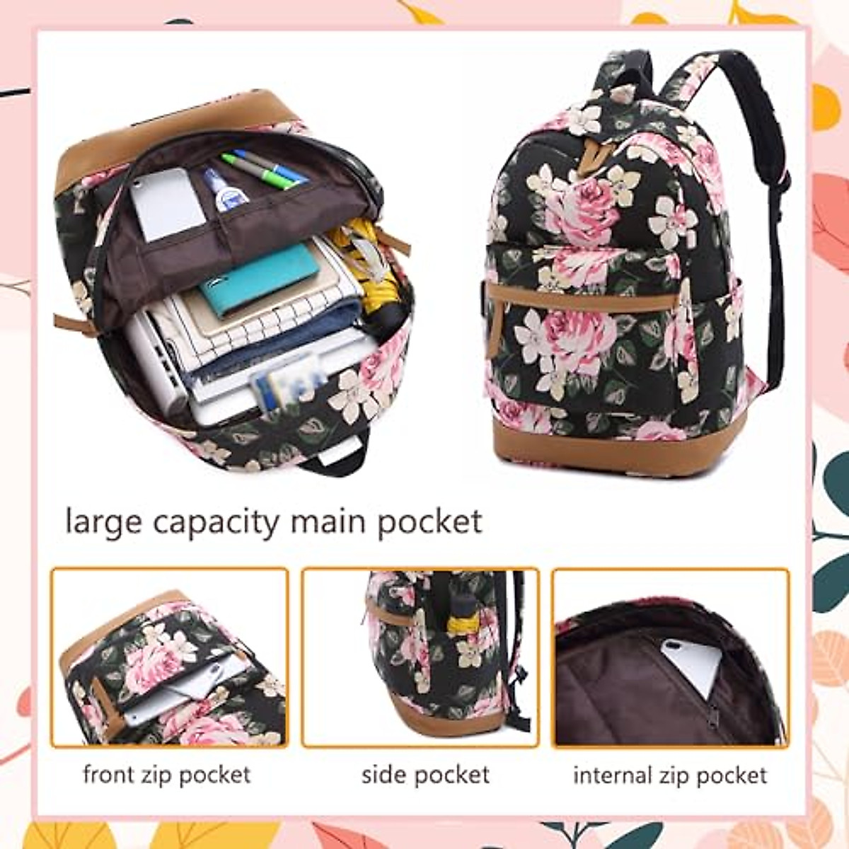 Lmeison Green Floral Backpack with Lunch Box, Girls Backpack for School Kids Backpack College Backpack Travel Backpack for Women