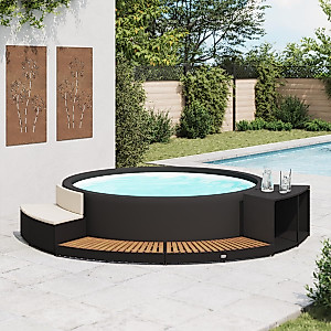 vidaXL Spa Surround - Black Poly Rattan and Acacia Wood - Chic and Modern Design with Built-in Storage, Mini Sofa and Comfort Cushion