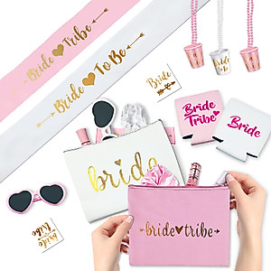 HYOWCHI Bachelorette Party Favors, Bridal Shower Bachelorette Party Decorations Supplies, Bride Sash, Sunglasses, Makeup Bag, Cup, Shot Glasses Necklace, Scrunchies, Tattoo, Bride Veil, Koozies