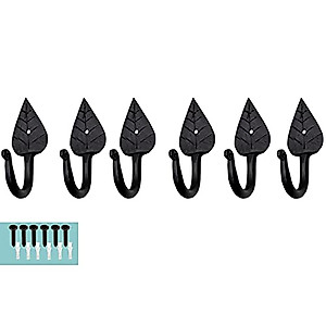 The Metal Magician Pack of 6 Coat Hooks Wall Mounted Leaf Style Single Robe Hanger Iron Blacksmith Key Holder Towel, Handbags, Hat Hanging Perfect for Bathroom, Kitchen, Living Room (Black)