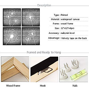 sechars 4 Piece Flower Wall Art White and Grey Dandelion Picture Canvas Painting with Wood Frame Modern Floral Canvas Artwork for Bedroom Bathroom Wall Decorations (12x12inchesx4pcs)