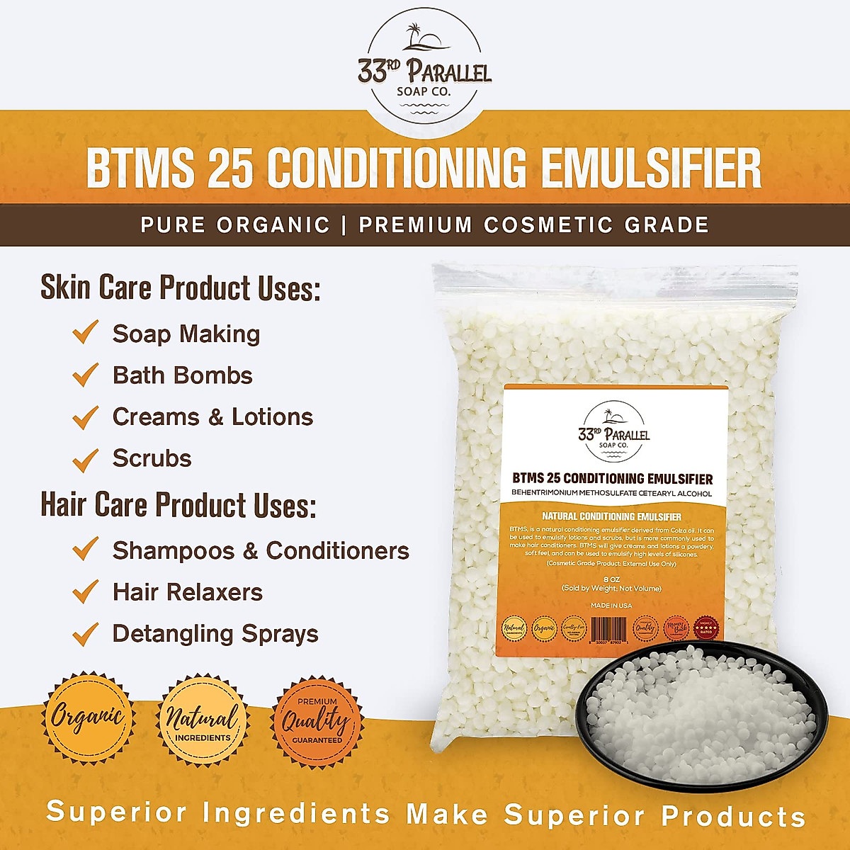 33RD PARALLEL | BTMS 25 (4 oz) Conditioning Emulsifier | Behentrimonium Methosulfate Cetearyl Alcohol Emulsifying Conditioner | (4 Ounces)