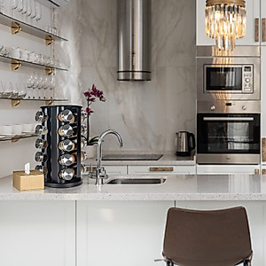 Black Countertop Revolving Spice Rack, Empty 20-Jars Rotating Spice Rack Organizer, Round Carousel Spice Rack Tower, 135 Spice Labels with Funnel Complete Set, for Kitchen Countertop, Cabinet