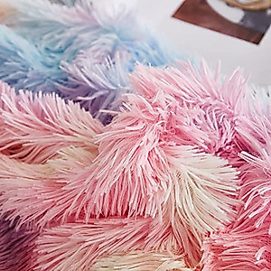 Yaoshuho Plush Fluffy Duvet Cover King Size Luxury Ultra Soft Shaggy Duvet Cover Set Faux Fur Comforter Bedding Set(1 Duvet Cover + 2 Pillow Shams), Rainbow