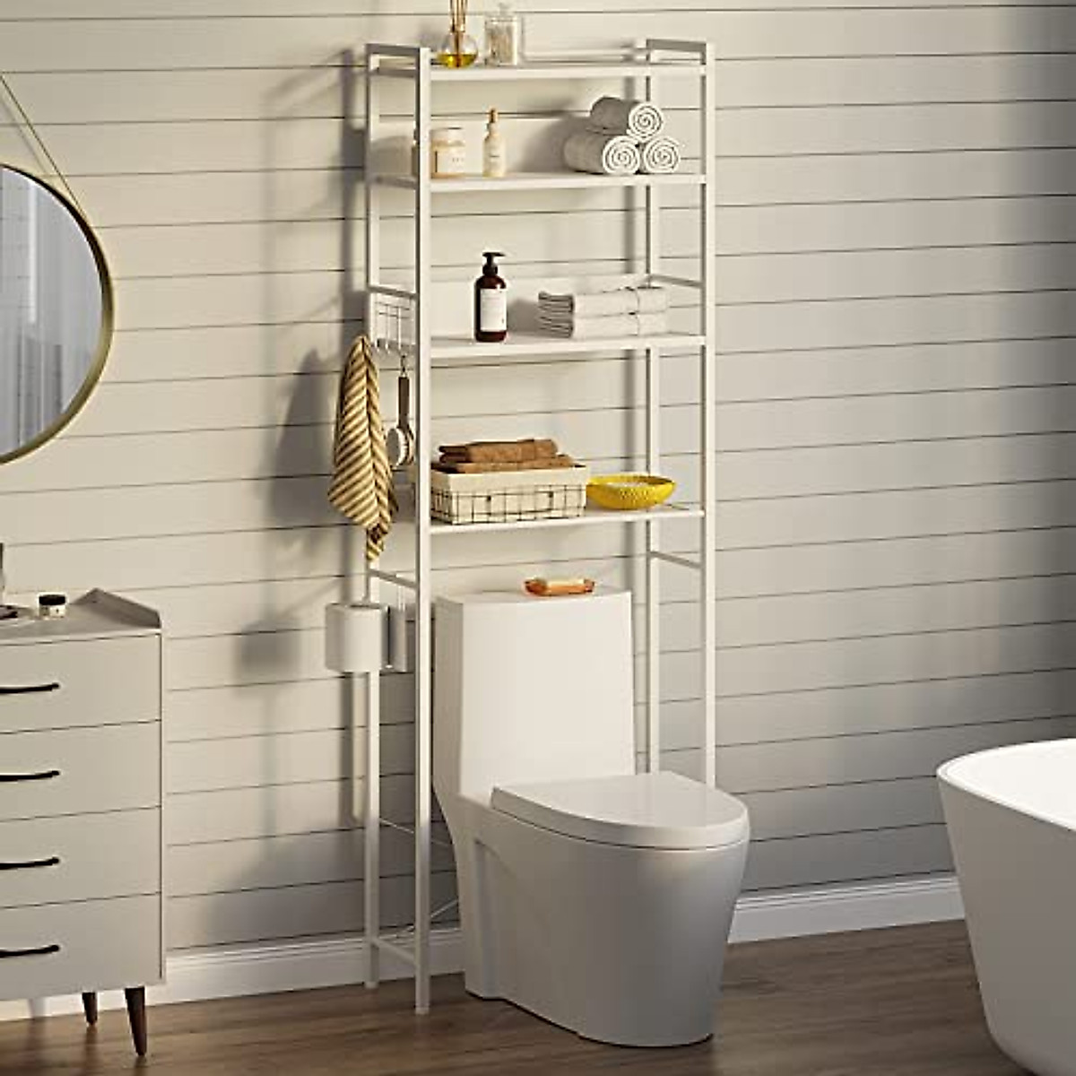 Rolanstar Over The Toilet Storage, 4-Tier Wooden Bathroom Space Saver with Hooks, Freestanding Bathroom Organizer, Multifunctional Over The Toilet Storage Rack, Bathroom Toilet Rack, White