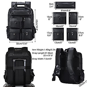 Masa Kawa Black Leather Backpack for Men 15.6 Inch Laptop Bag Multi Pockets Rucksack Casual Business Work Travel Daypack