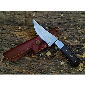 KNIFEIFY Polished Carbon Steel knife fixed blade -Handmade EDC Hunting Full Tang Bushcraft knife with Pakka wood knife Handle & Leather Sheath, camping knife survival Skinner outdoor knife (DARK BROWN)