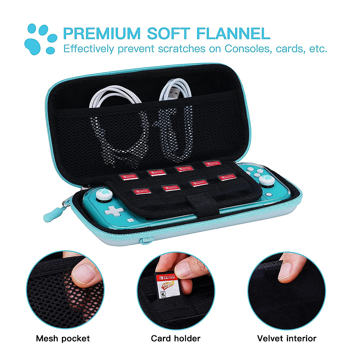 JINGDU Carrying Case Compatible with Switch Lite, Cute 3D Cat Paw Storage Bag with Screen Protector, Thumb Grips, Protective Case, Straps, Premium Accessories Kit, Blue