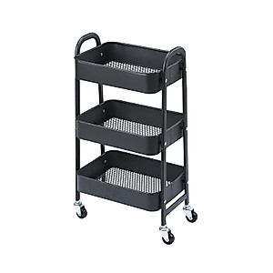 WELL-STRONG Metal Storage Trolley - 3-Tier Rolling Cart with Lockable Wheels - Multi-Purpose Utility Cart with Handle - Mobile Shelving Organizer for Bathroom, Office, Kitchen, Bedroom, Garage Black