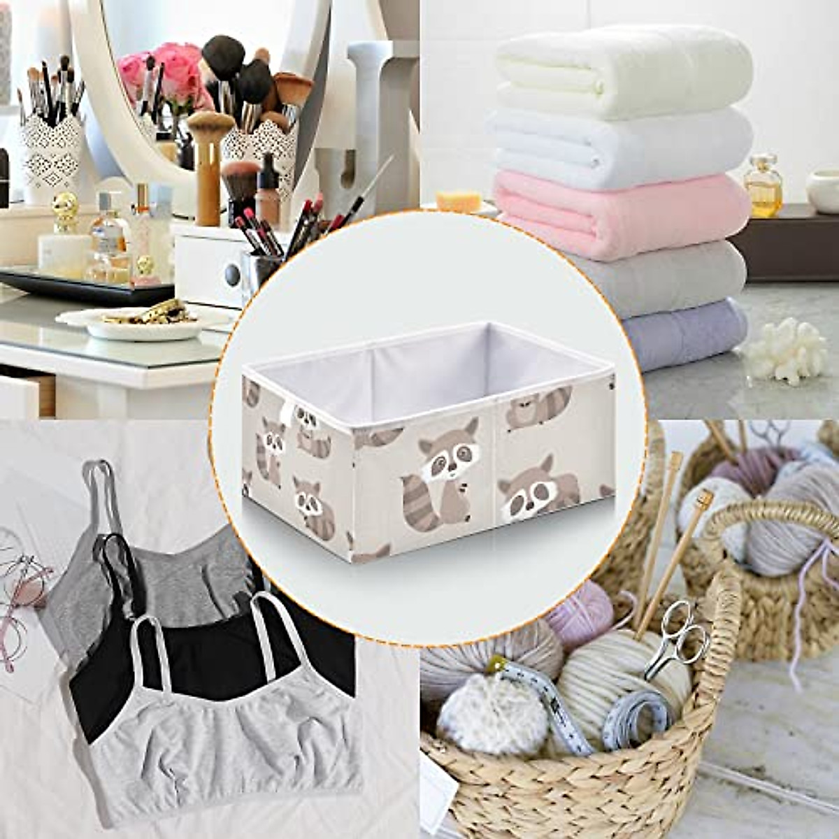 Cute Animals Raccoon Storage Baskets for Shelves Foldable Collapsible Storage Box Bins with Closet Organizers Cubes Decorative for Pantry Toys, Clothes, Books in Closet and Shelf,11 x 11inch