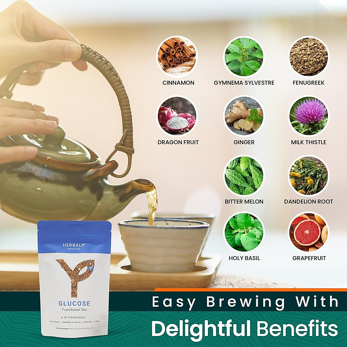 Herbaly Glucose Functional Tea - Vitality & Wellness - Gymnema Sylvestre, Ceylon Cinnamon, Bitter Melon, Dandelion Root, Fenugreek - Daily Teas - 1 Pack, 30 Plant-Based Pyramid Tea Bags