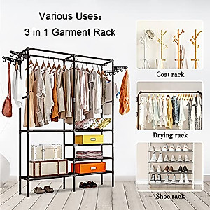 STONCEL 5-Tiers Metal Garment Clothes Rack with Shelves Freestanding Clothing Rack for Hanging Clothes Double Rods and 4 Side Hook, 33.8" L x 17.3" W x 68.5" H