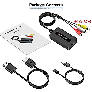 Male RCA to HDMI Cable Converter with HDMI and RCA Cables, CVBS Composite AV to HDMI Converter, RCA in HDMI Out Adapter, Full HD 720P/ 1080P Output Switch for DVD, STB, Roku with Female RCA Output