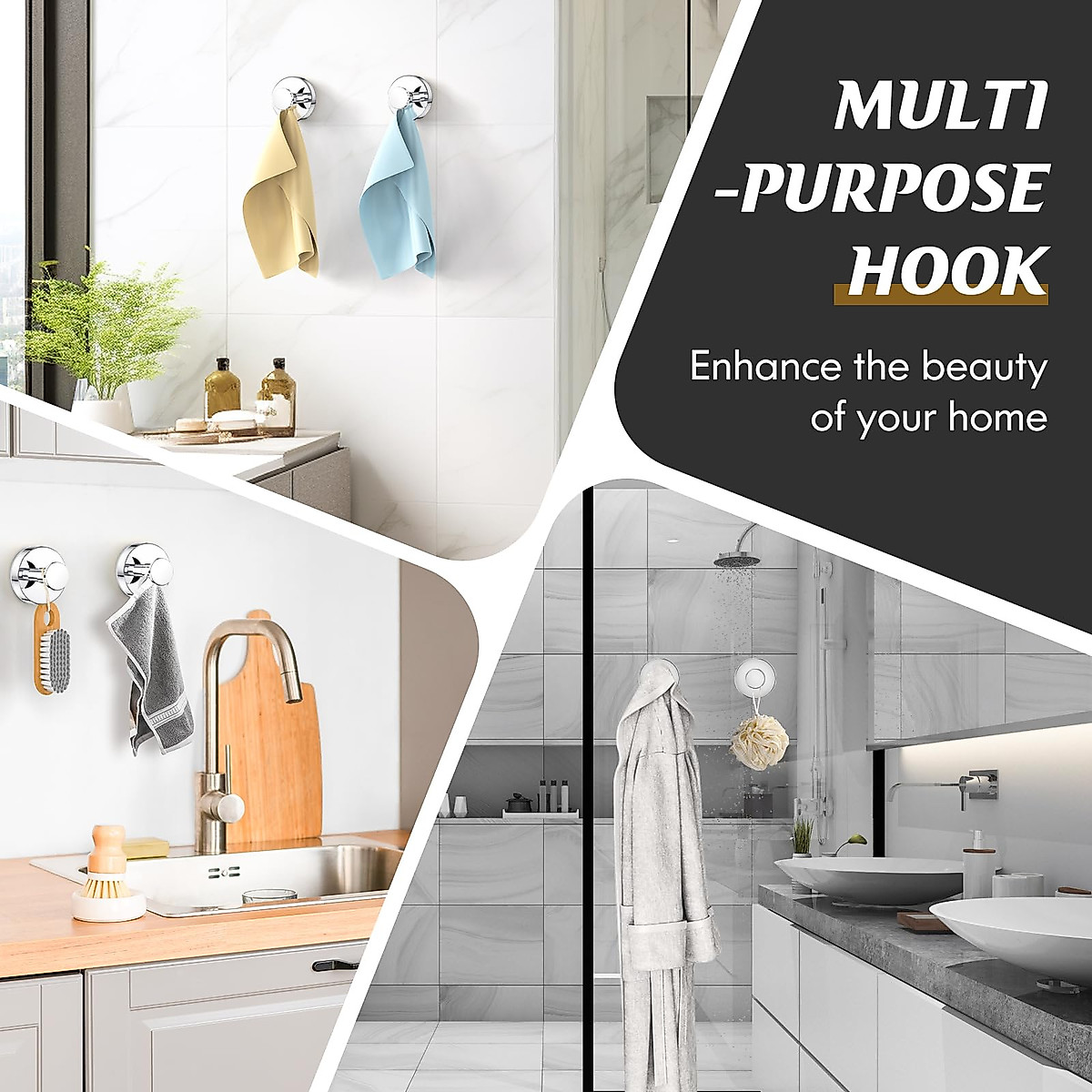 MOTAIPEAK Suction Cup Hooks for Shower,2Pcs Shower Hooks for Inside Shower,No Drill Towel Hooks for Bathroom Wall,Kitchen,Glass,Mirror,Tile to Hang Towels,Robes,Loofah-Chrome