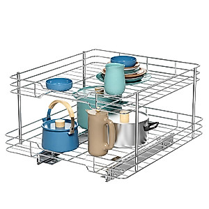 Lxmons 2 Tier Pull-out Cabinet Organizer, 20" W x 21" D Kitchen Under Sink Organizer, Slide Out Home Spice Rack Storage for Pots and Cans, Drawer Pantry Shelf Organization for Bathroom Base, Chrome