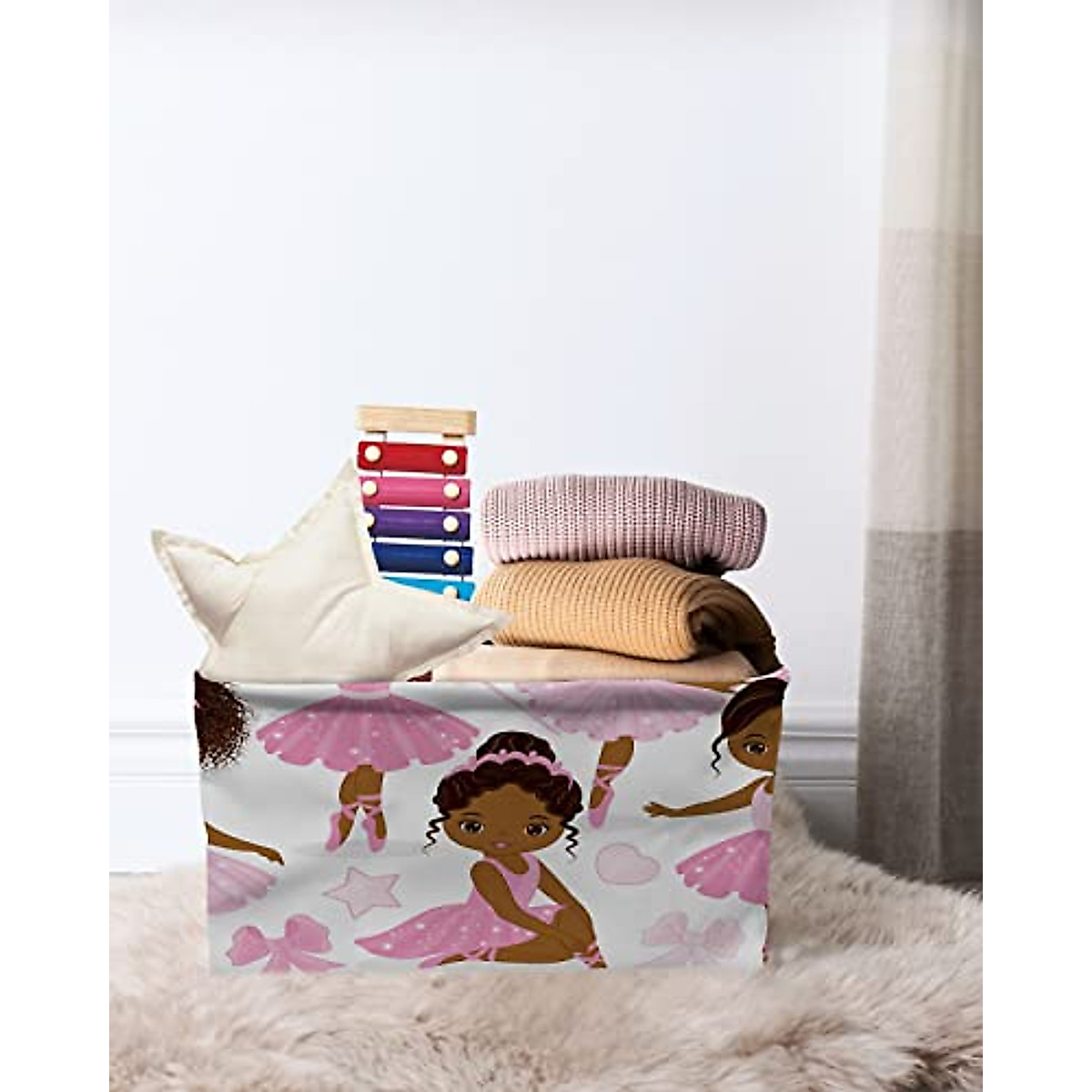 Storage Basket Pink Ballet Girl Storage Bin with Handles, Cute Princess Africa American Dancer Collapsible Organizer Storage Cubes Bins for Closet, Laundry Clothes, Bathroom, Nursery Toys