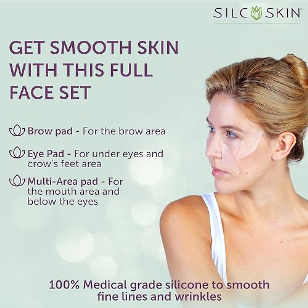 SilcSkin Facial Pad - Full Face Set Reusable Pads, Self-Adhesive Silicone Face Patches, Wrinkle Patches for Face and Eyes - 7 Reusable Face Pads