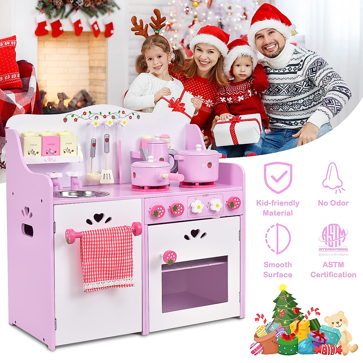 Costzon Kids Kitchen Playset, Wooden Pink Strawberry Themed Pretend Toy Set with 13-Pieces Cookware, Realistic Sound, Pot, Pan, Sink, Oven, Kitchen Set Gift for Toddlers, Girls