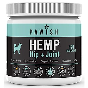 Hemp Hip & Joint Supplement for Dogs with Organic Hemp Oil, Glucosamine, Turmeric, MSM - for Joint Support, Mobility, Arthritis Pain Relief and Anxiety - 120 Soft Chews