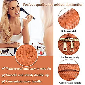 ZAUKNYA Large Capacity Travel Cosmetic Bag - Makeup Bag, Portable Leather Waterproof Women Organizer, with Handle and Divider Flat Lay Bags (Brown)