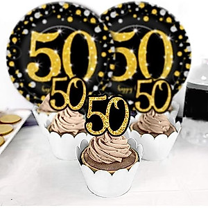 GREPARPY Happy 50th Birthday Decorations For Men - Black & Gold Fifty Birthday Party Supplies, Backdrop, Banner, Swirl, Photo Prop, Crown, Plate, Napkin, Topper, Tablecloth, Sash, Balloon