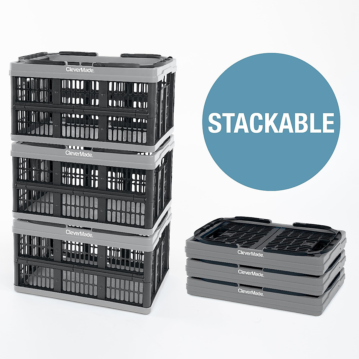CleverMade 16L Collapsible Reusable Plastic Grocery Shopping Baskets; Small Foldable Storage Crates with Handles, 3 Pack, Charcoal