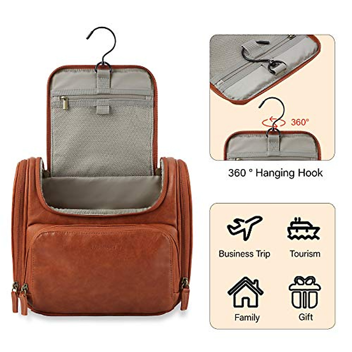 BAGSMART Hanging Toiletry Bag, Water-resistant Leather Dopp Kit, Large Travel Organizer for Full Sized Container, Brown
