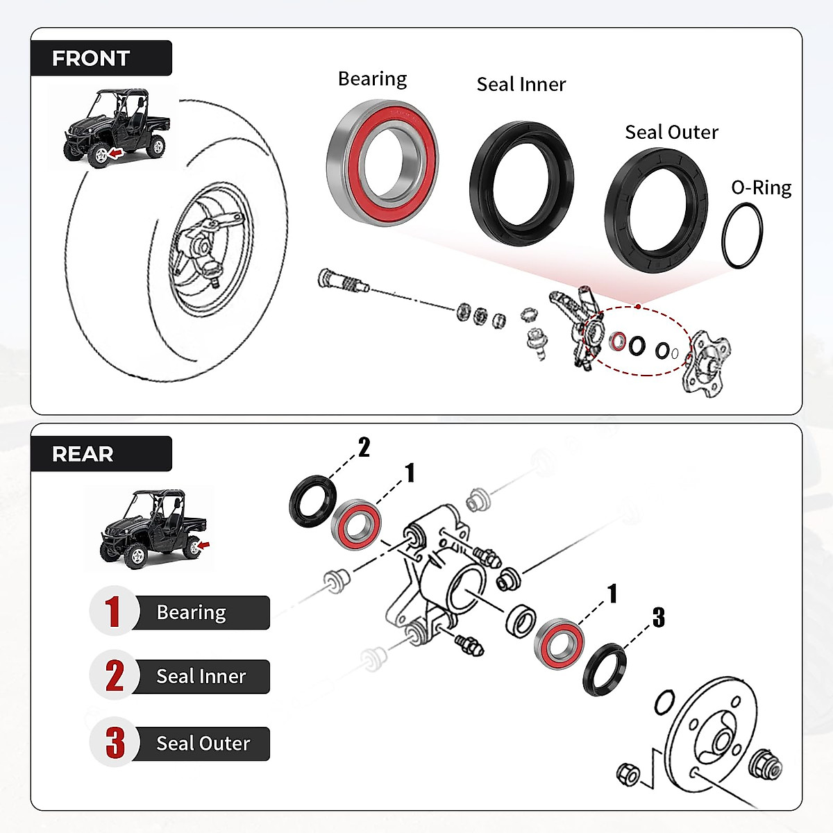 Front & Rear Wheel Bearings Seals for Yamaha Rhino 450 Rhino 660 Rhino 700 2005-2013, OEM# 93106-42800-00 93106-38800-00 93106-38047-00