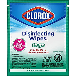 Clorox Disinfecting Wipes to Go, Bleach Free Cleaning Wipes in Bulk, Wipes with Fresh Scent, Kills Bacteria, Individually Wrapped, 1 Count Each, (Pack of 100)