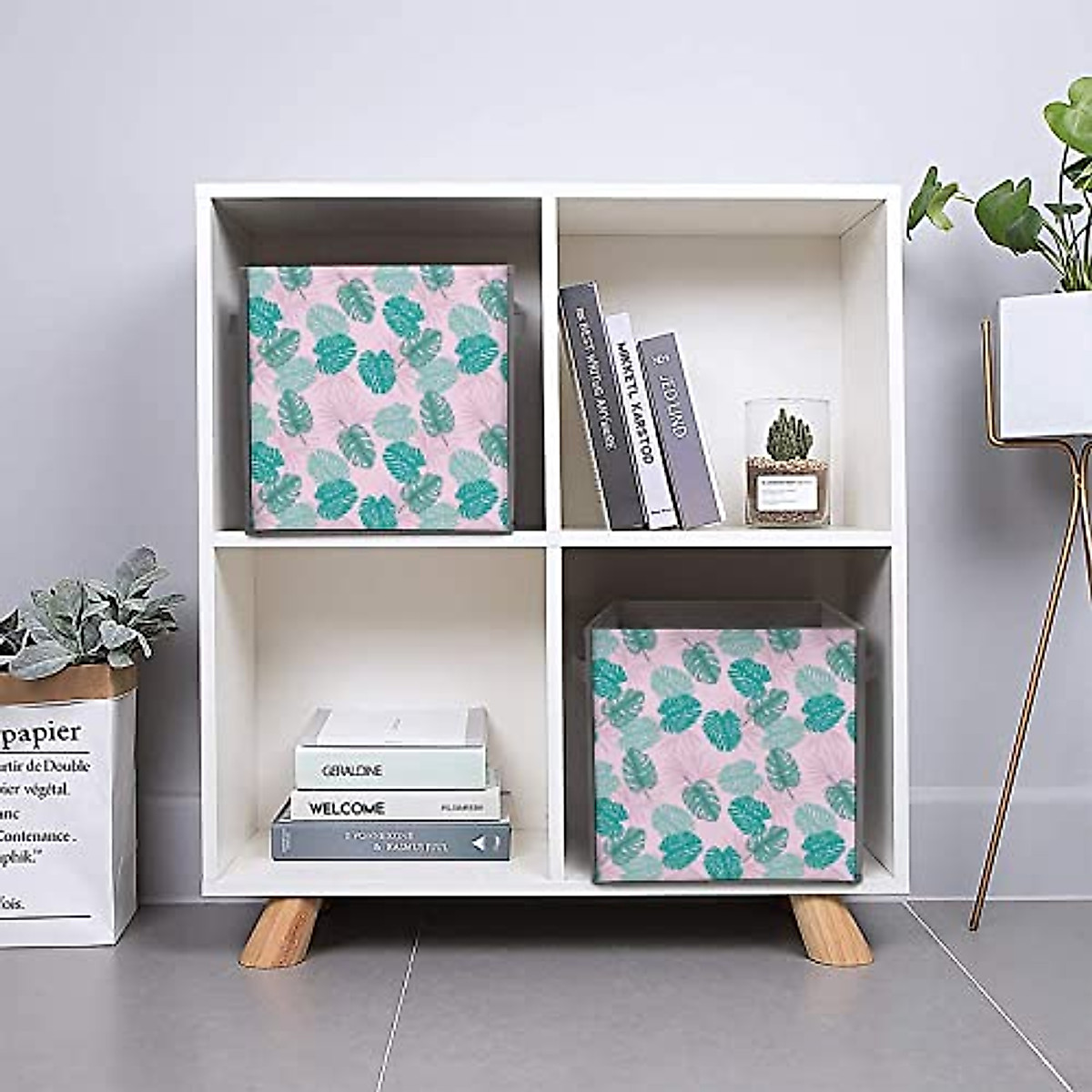 Tropical Leaves Monstera Collapsible Storage Bins Cubes Organizer Trendy Fabric Storage Boxes Inserts Cube Drawers 11 Inch
