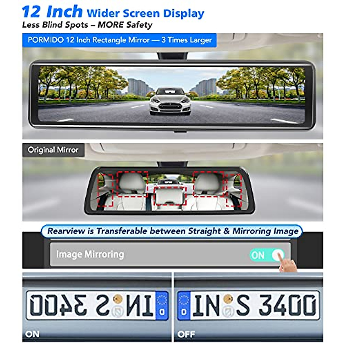 PORMIDO Mirror Dash Cam 12" with Detached Front Camera,Anti Glare Full Touch Split Screen HD 1296P,Car Backup Rear View Mirror Camera Dual Lens with Sony Sensor,Super Night Vision,Parking Assistance