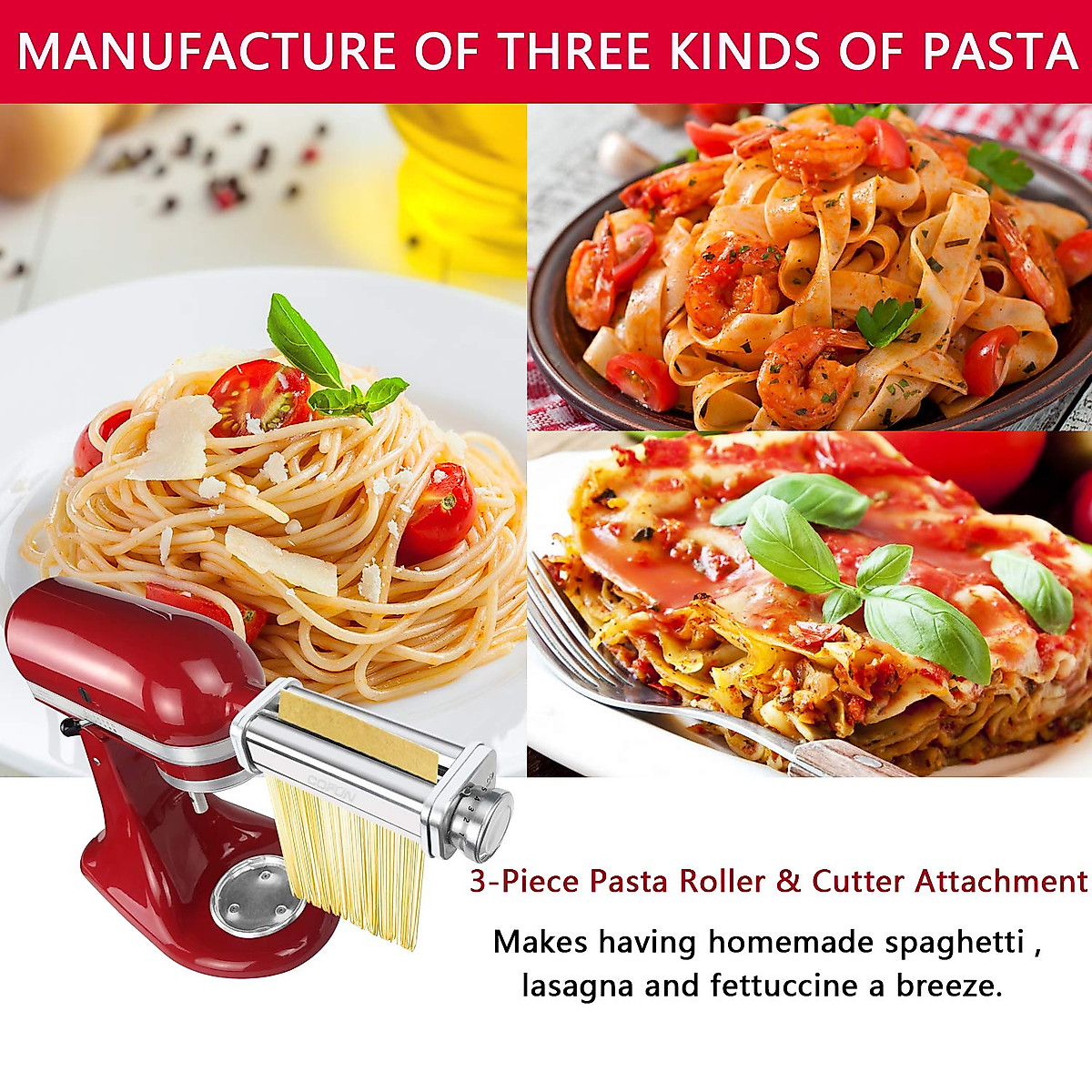 Pasta Attachment for Kitchenaid Stand Mixer,Cofun 3 Piece Pasta Maker Machine with Pasta Roller and Cutter Set for Dough Sheet, Spaghetti and Fettuccine kitchenaid Attachments for Mixer