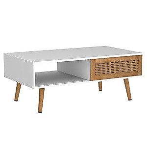 Mid Century Modern Coffee Table with Storage, 41.3 Inch Rectangle Wooden Accent Center Sofa Table with Sliding PE Rattan Woven Door Panel and Solid Wood Legs, Suitable for Living Room, Apartment