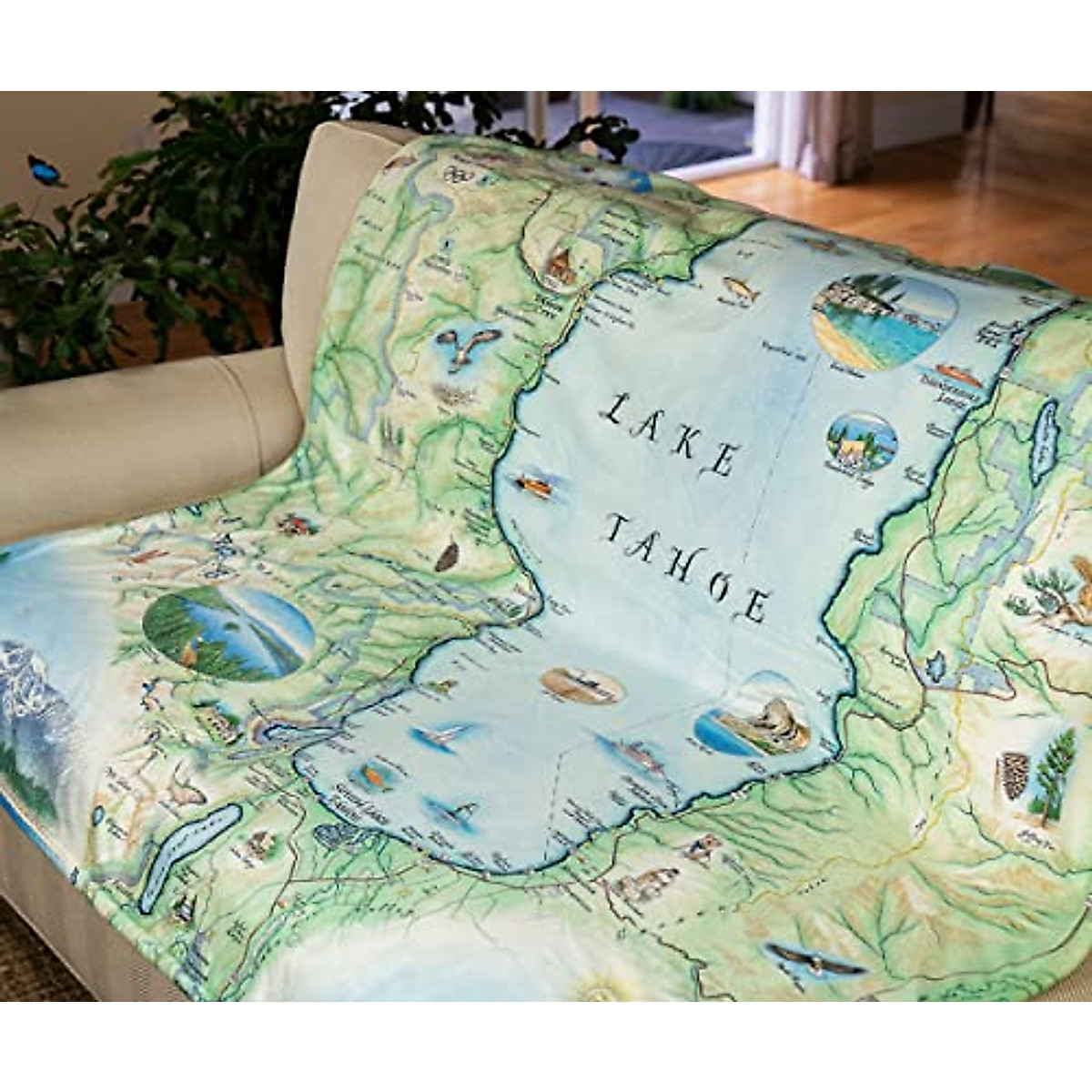 Lake Tahoe Map Fleece Blanket - Hand-Drawn Original Art - Soft, Cozy, and Warm Throw Blanket for Couch - Unique Gift - 58"x 50"