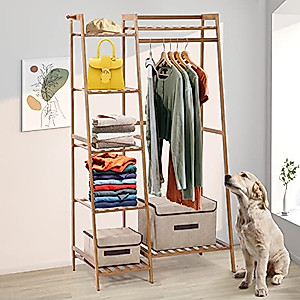 Bamboo Garment Rack with Shelves, Storage Box Set Included, Clothing Racks with Hooks, Clothes Rack Storage Organizer, Clothes Rack with Shelf, Space Saving Clothes Rack, Multifunctional Plant Rack