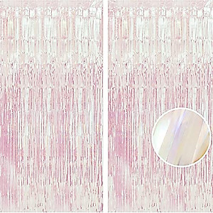 BRAVESHINE Foil Fringe Curtains Party Decorations - Clear Pink Metallic Tinsel Photo Booth Streamer Backdrops for Birthday Baby Showers Unicorn Weeding Bachelorette Graduation Backdrop - 4 Packs 3.2 x