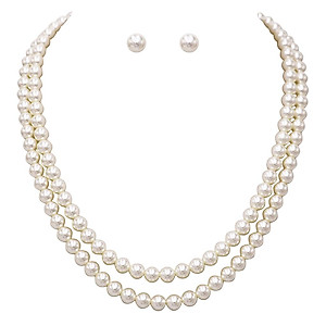 Rosemarie Collections Women's Double Strand Classic Cream Simulated Pearl Necklace and Earring Jewelry Set, 20" - 22.5" with 2.5" Extender