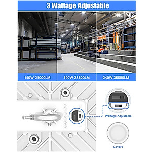 KUKUPPO 4 Pack LED High Bay Light 240W 190W 140W Adjustable, 3000K 4000K 5000K Adjustable UFO Bay Light with 5' Cable and Plug, 0-10V Dimmable AC100-277V UL&DLC Listed, White