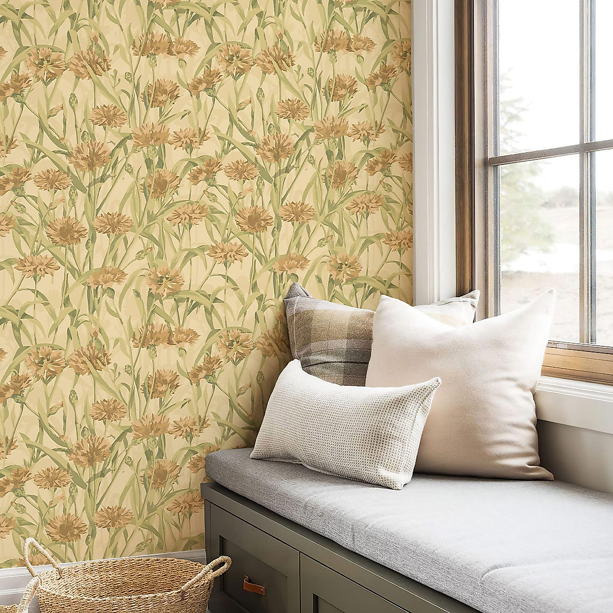 JiffDiff Yellow Floral Wallpaper - Straw Plant Watercolor Chrysanthemum Fleurs Stick on Removable Wallpaper