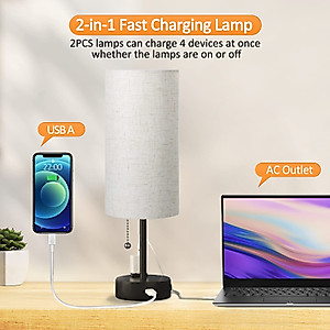 Small Bedside Table Lamp with 3 Color Temperatures, Kids Mini Bedside Lamp, Pull Chain Nightstand End Table Lamp with USB Port & AC Outlet for Bedroom Guestroom Livingroom Dorm, Beige, 1 Pack