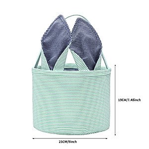 Easter Baskets Seersucker Bunny Bag for Kids, Cute Easter Bucket Bags with Rabbit Ears for Easter Eggs Hunting