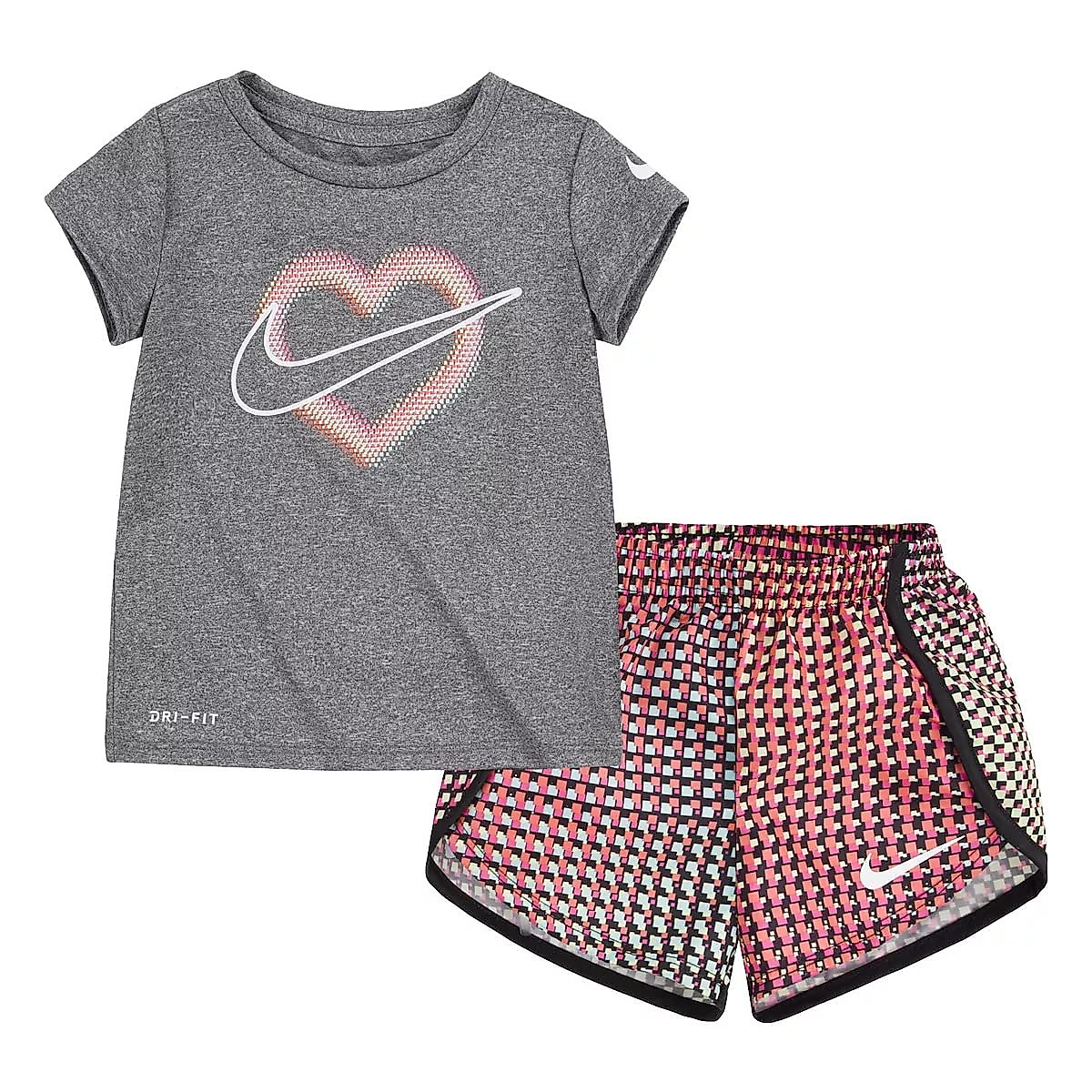 Nike Little Girls' Dri-FIT Pixel T-Shirt and Shorts 2 Piece Set (Black(26H451-023)/Pink, 24 Months)