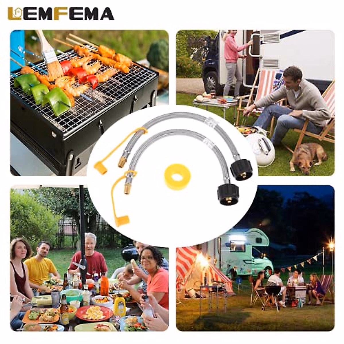 Lemfema 15 inch RV Propane Hose, 1/4" Male NPT Stainless Steel Braided Propane Hose with QCC1 for Standard 2-Stage Regulator, Include Thread Seal Tape, 2 Pack