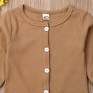 Kuriozud Newborn Infant Unisex Baby Boy Girl Long Sleeve Button Solid Knitted Romper Bodysuit One Piece Jumpsuit Summer Outfits Clothes (Long Sleeve Jumpsuit Brown, 0-3 Months)