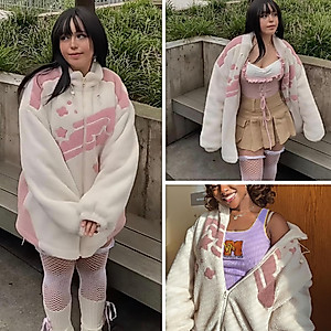 Aelfric Eden Womens Fleece Sherpa Jacket Zip Up Winter Jackets Star Sky Patchwork Oversized Unisex Casual Warm Fuzzy Coat