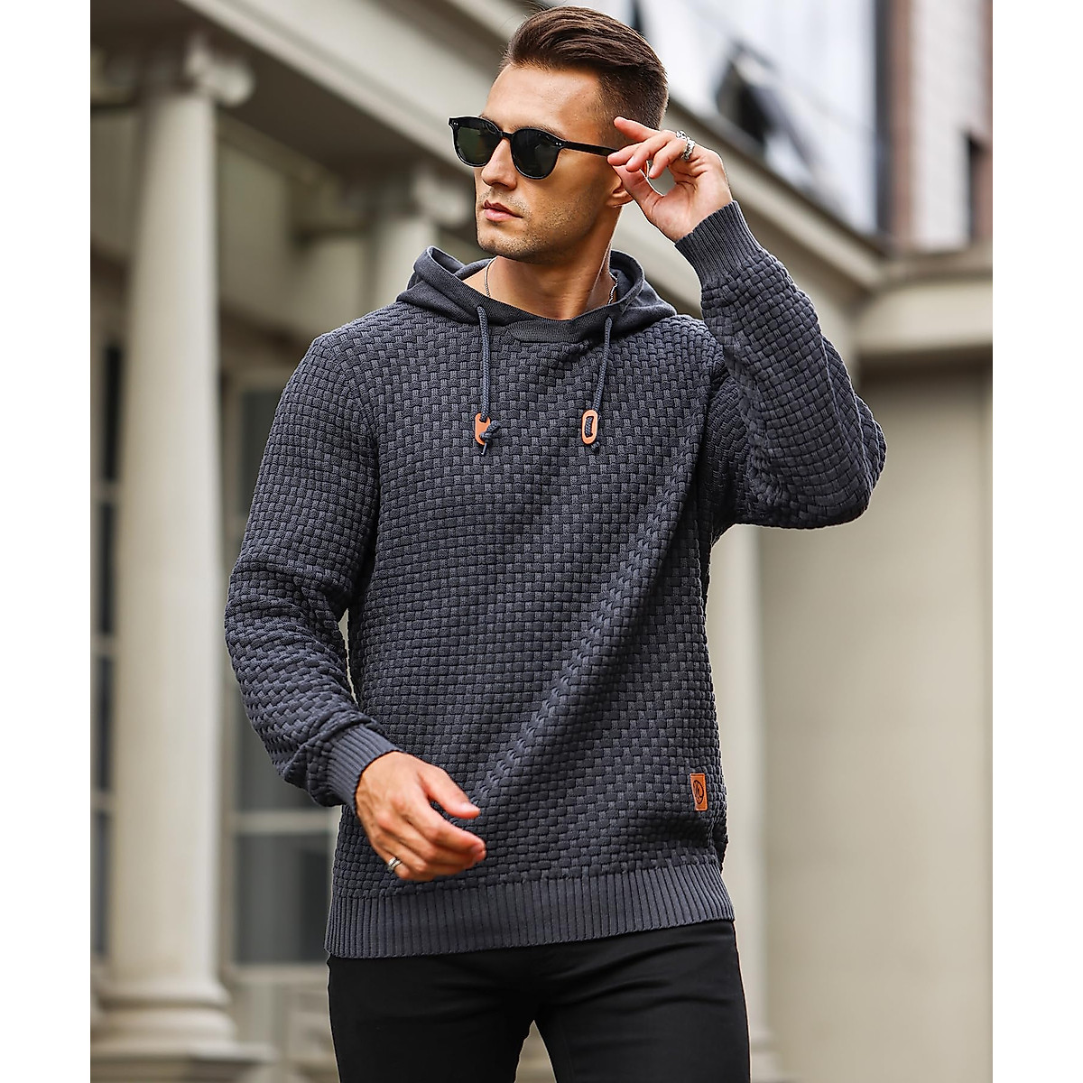 Zaitun Men's Drawstring Waffle Textured Hooded Pullover Sweater