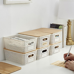 Bagnizer Small Plastic Storage Bins with Bamboo Lids 5.2qt Stackable Box Basket Pantry Decorative Containers Cute with Lable for Organizing Desktop Closet Office Cream White of 6 packs 10*7.2*4.1'’
