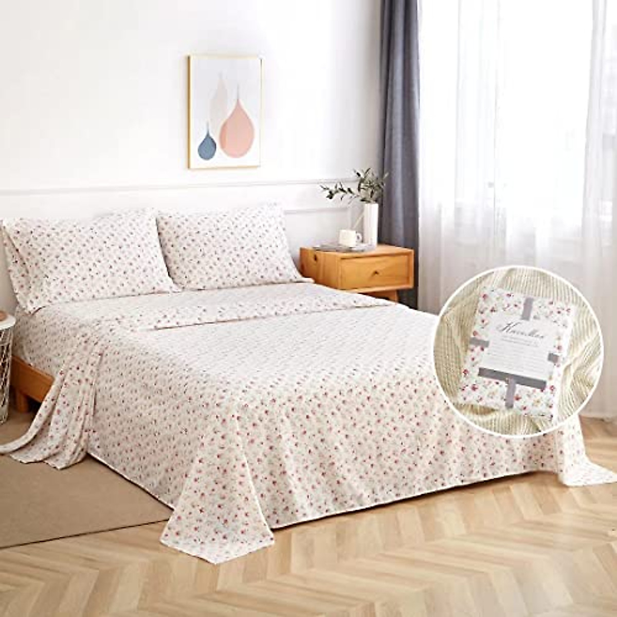 Queen Bed Sheet Set 4PC Printed Cute Red Flower Sheet Pattern Cooling Brushed Microfiber 17" Deep Pocket Floral Sheets Set Luxury, Soft, Breathable, Hypoallergenic, Wrinkle Free Double Bedding