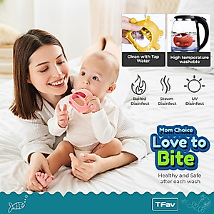 TFav Baby Bear Teether for Babies -3 pcs Pink, Yellow & Red -Silicone Mitten teether for 3 Months+ Boys & Girls -Hand Pacifier That Fits on Fist -Calm Down The Fussy Baby Calm Down Fussy Baby